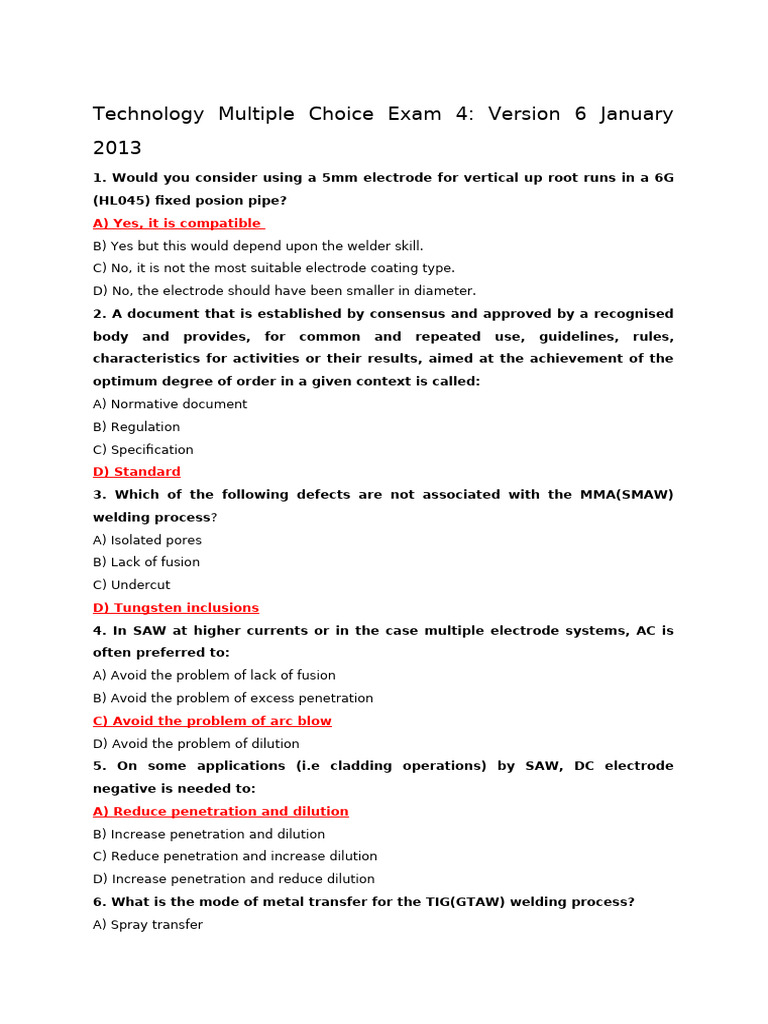Technology Multiple Choice Exam 4 | PDF | Welding | Construction