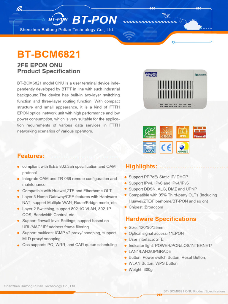 BT-BCM6821 ONU Product Overview | PDF | Ip Address | Computer Network