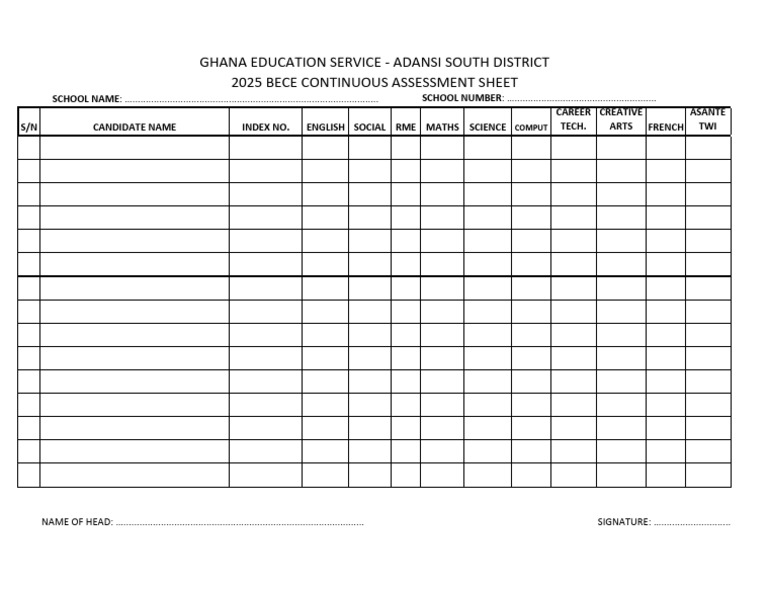 2025 BECE Continuous Assessment Sheet | PDF