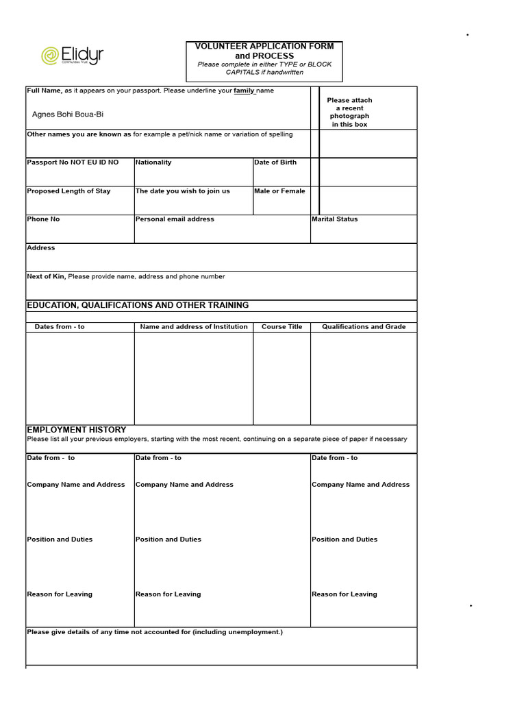 Coleg Elidyr Volunteer Application Form | PDF | Travel Visa