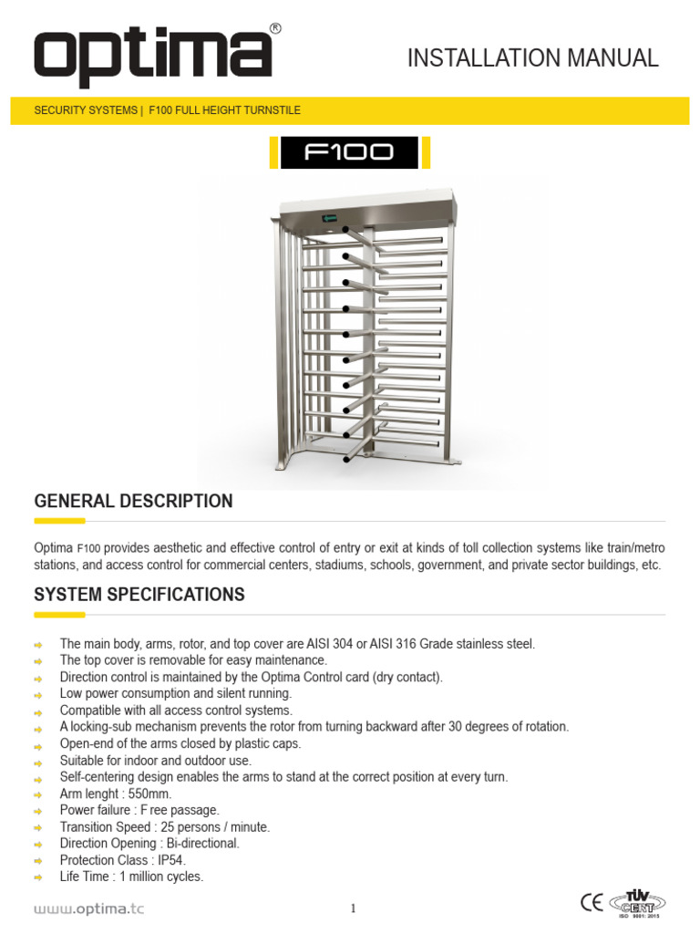 Optima F100 Full Height Turnstile Manual | PDF | Switch | Mechanical Engineering