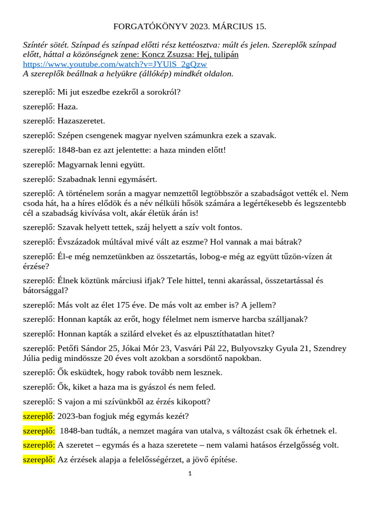 Március 15. Forgatókönyv 2023 | PDF