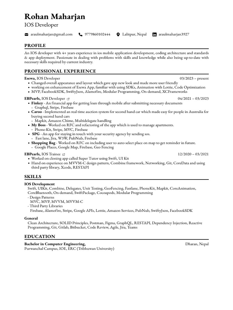 818 - Rohan Maharjan Resume 20241129 | PDF | Ios | Software Industry