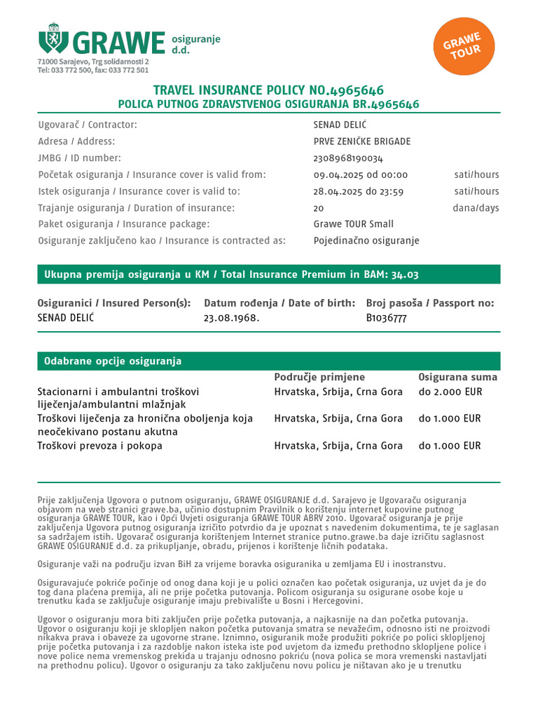 Putno Zdravstveno Osiguranje GRAWE 75d39f0a E035 40cf 95f5 041572a10e9a | PDF