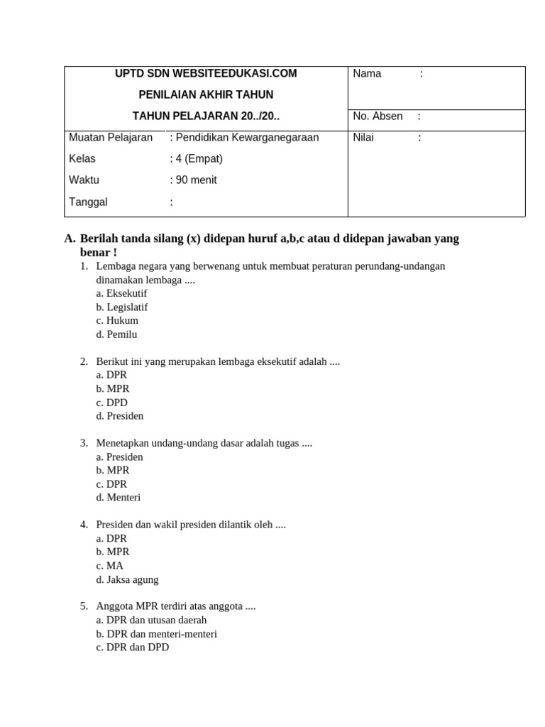 Soal PAT PKN Kelas 4 | PDF