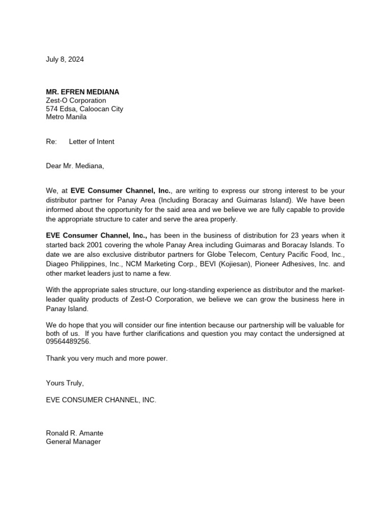 Letter of Intent - Zest o | PDF
