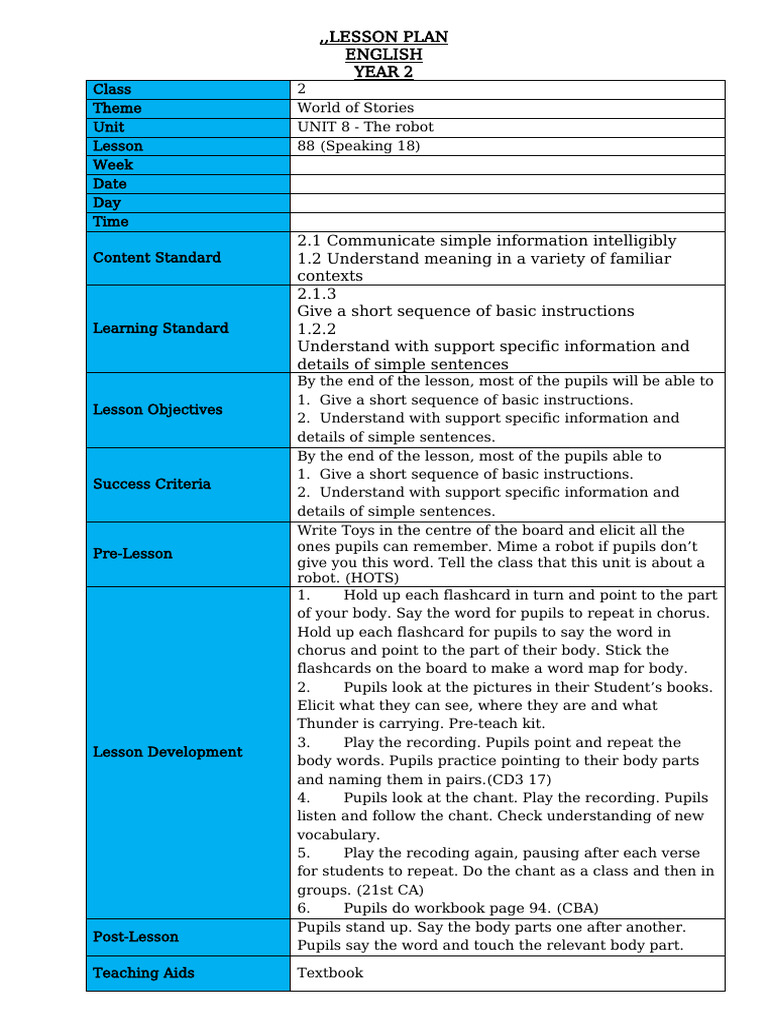RPH ENGLISH YEAR 2 UNIT 8 (AutoRecovered) | PDF | Lesson Plan | Teachers