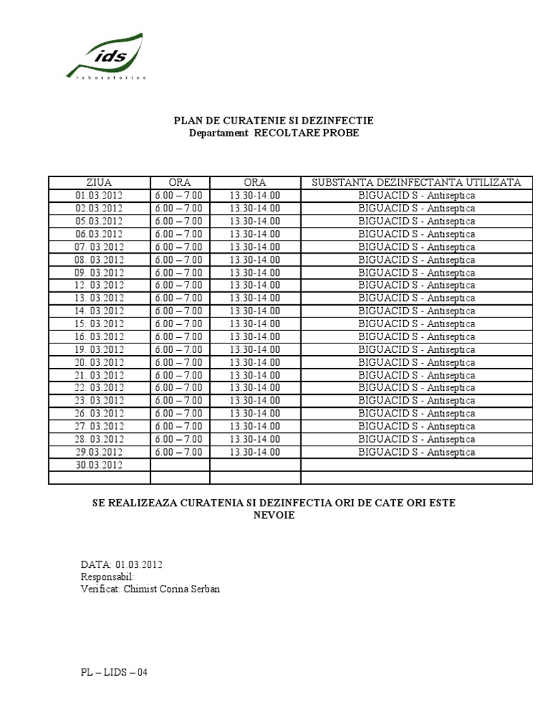Plan De Curatenie Si Dezinfectie Departament RECOLTARE PROBE
