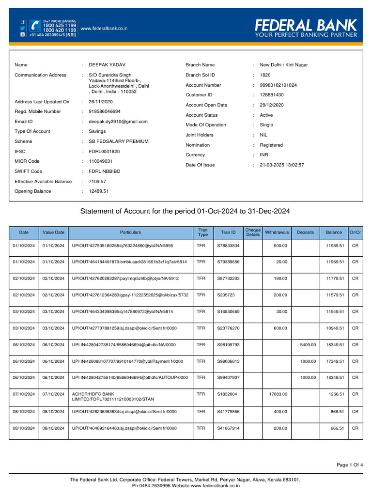 Transaction (Oct-Dec 2024) - Federal Bank | PDF | Banking | Financial ...
