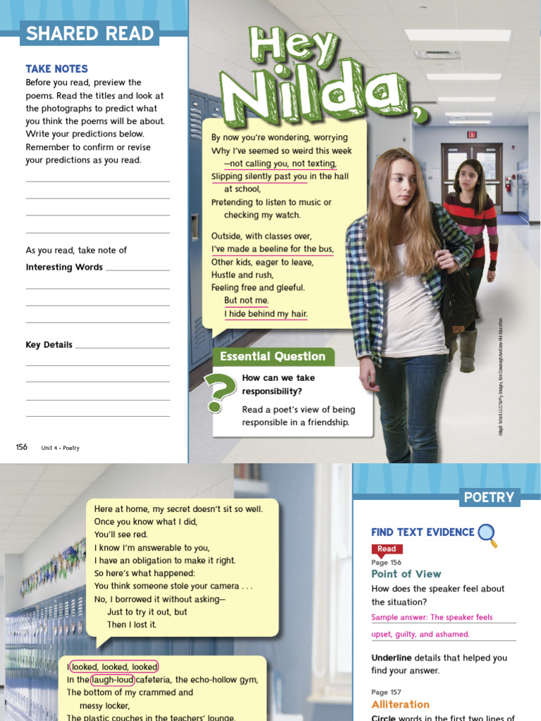 Unit 4 - Text Set 3 - "Hey Nilda" (R&W Companion p.156-165) Answer Key | PDF | Poetry | Rhyme