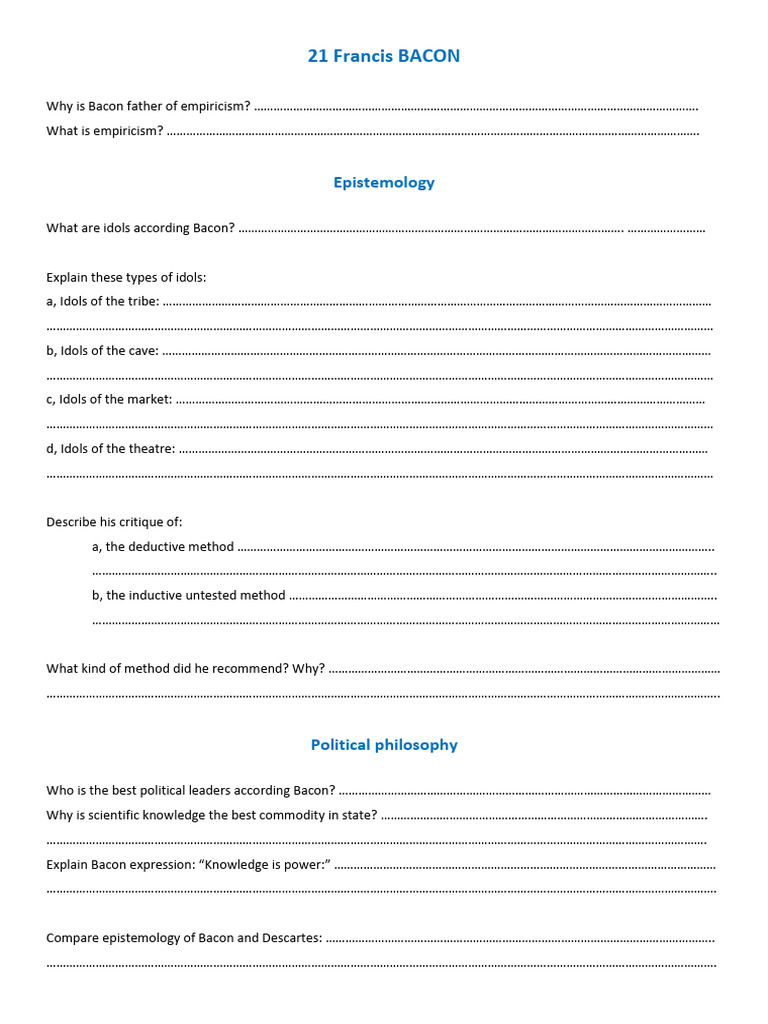 21-22 Bacon, Locke, Berkeley, Hume Worksheet | PDF | Liberal Arts Education | Philosophical Theories