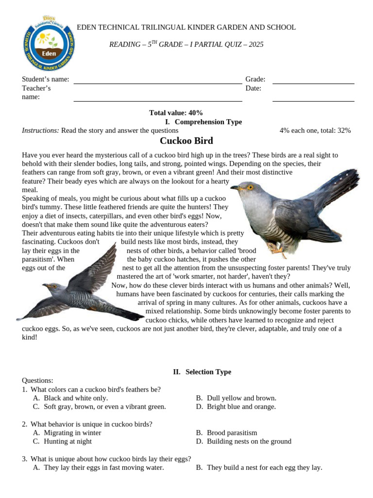 Quiz For 5th Grade I Partial - Reading | PDF | Birds | Egg