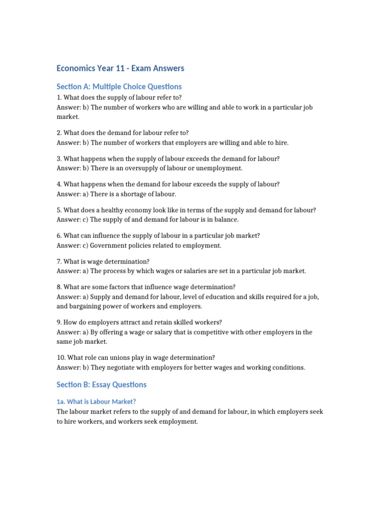 Economics Year 11 final answers | PDF | Labour Economics | Unemployment