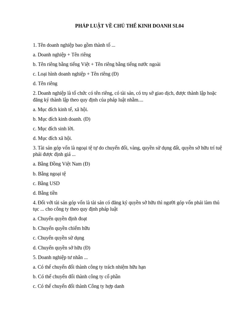 (123doc) - Dap-An-94-Cau-Trac-Nghiem-Mon-Sl04-Phap-Luat-Ve-Chu-The-Kinh-Doanh-Ehou | PDF