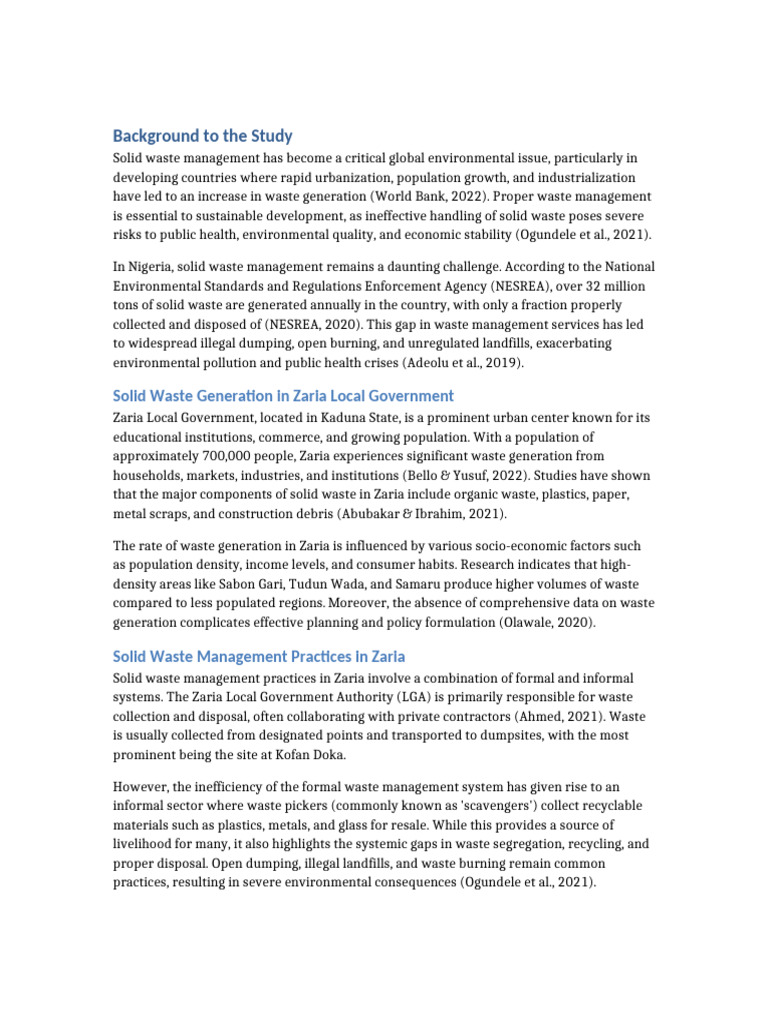 Background_to_the_Study_Solid_Waste_Management_Zaria_with_Citations | PDF | Waste | Waste Management