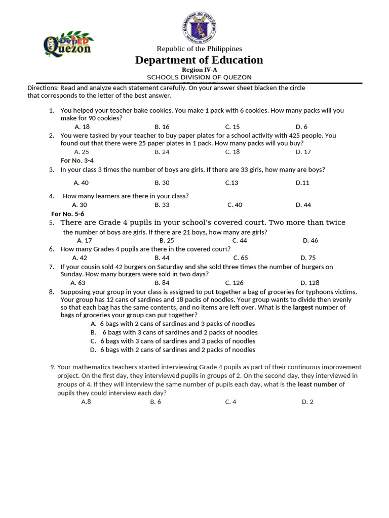 Grade 4 Math and Survey Questions | PDF