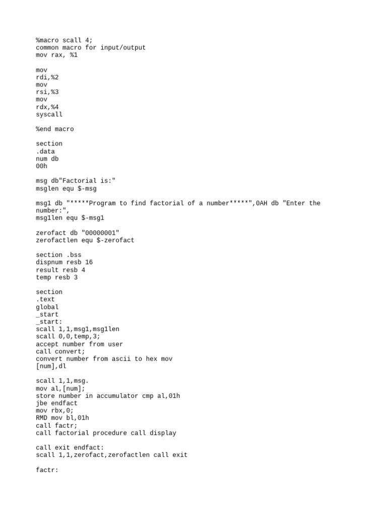 Factorial Calculation in Assembly Code | PDF