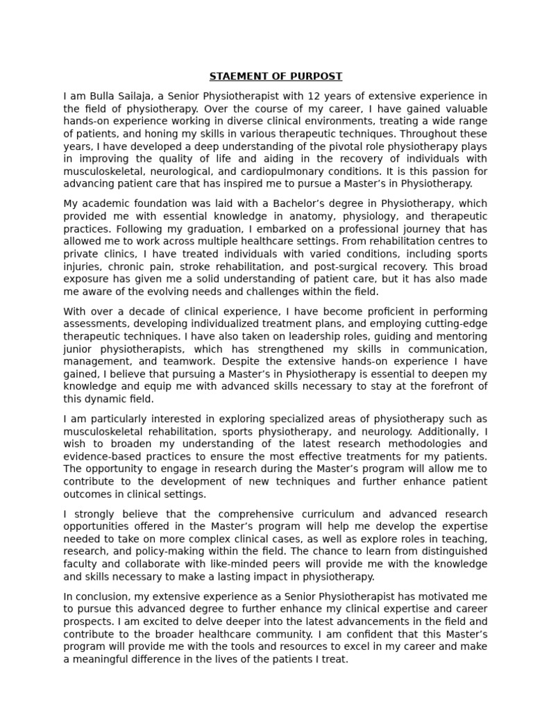 Bulla Sailaja's Physiotherapy Master’s Statement | PDF | Physical ...