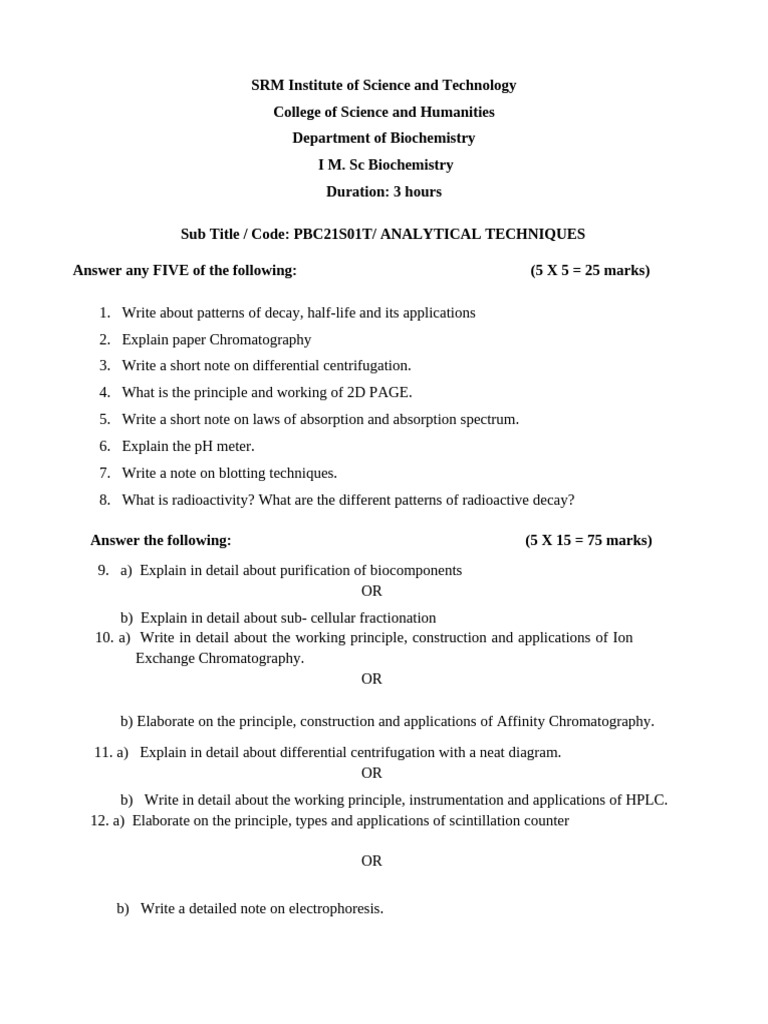 Analytical Techniques in Biochemistry Exam | PDF