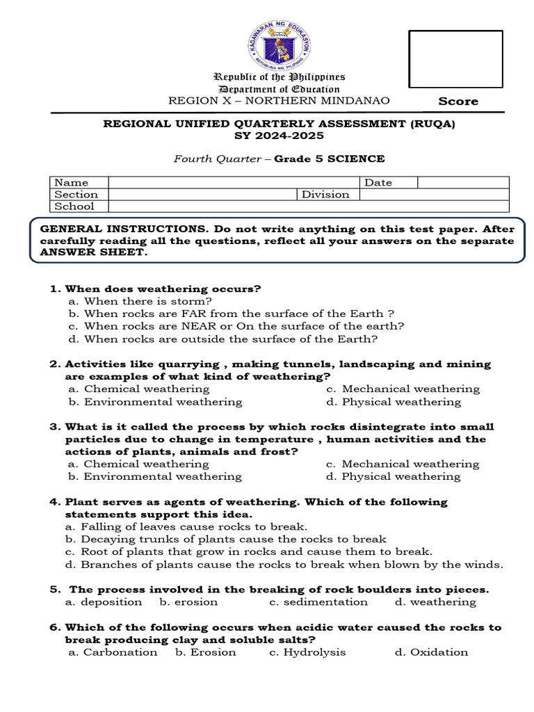 Science 5 - 4th Quarter RUQA | PDF | Weathering | Moon