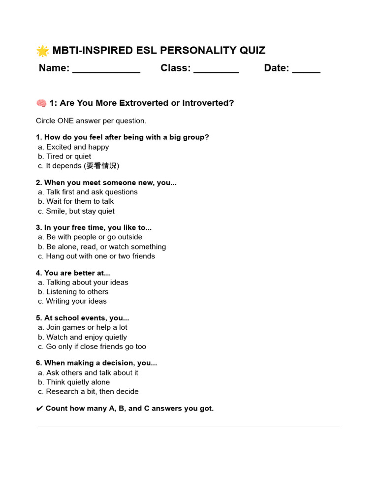 G8 Mbti-Inspired Esl Personality Quiz | PDF | Extraversion And ...
