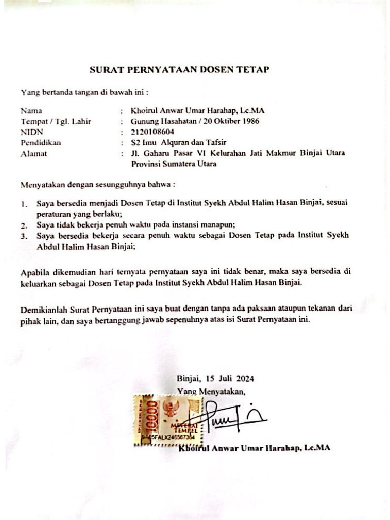 Surat Pernyataan Dosen Tetap Umar | PDF
