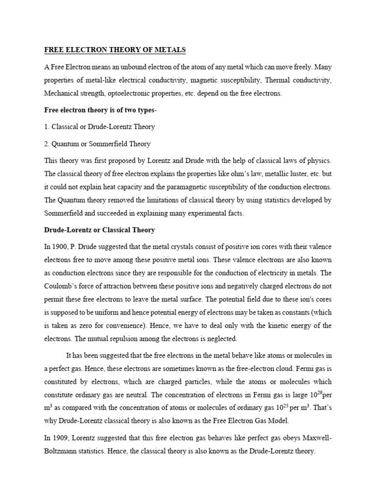 Free Electron Theory of Metals Explained | PDF | Electron | Electrical ...