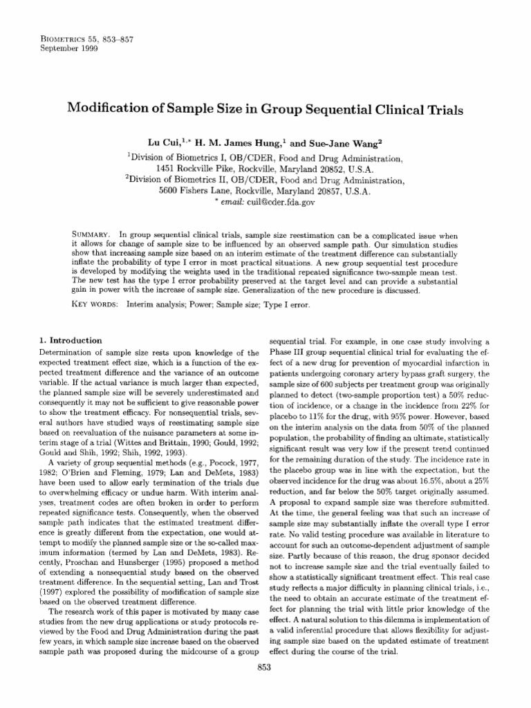 Cui Et Al 1999 Modification of Sample Size in Group Sequential Clinical Trials | PDF | Sample ...
