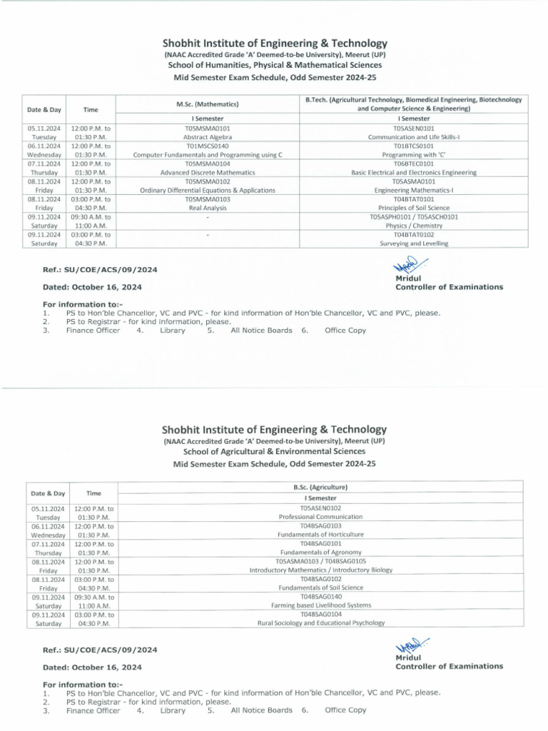 Mid Semester Exam Schedule (1st Year) | PDF
