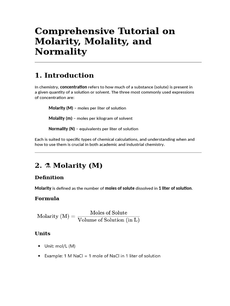 Comprehensive Tutorial on Molarity, Molality, and Normality | PDF
