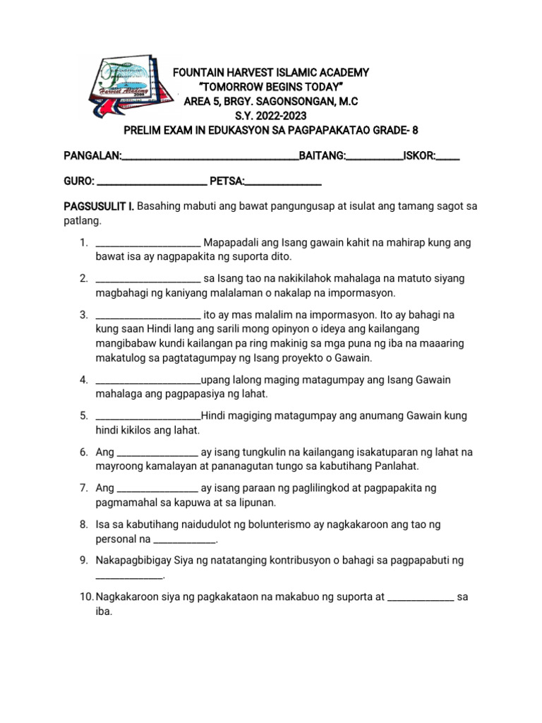 2nd PRELIM EXAM (ESP 8) | PDF