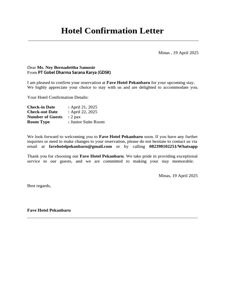 Hotel Confirmation Letter | PDF