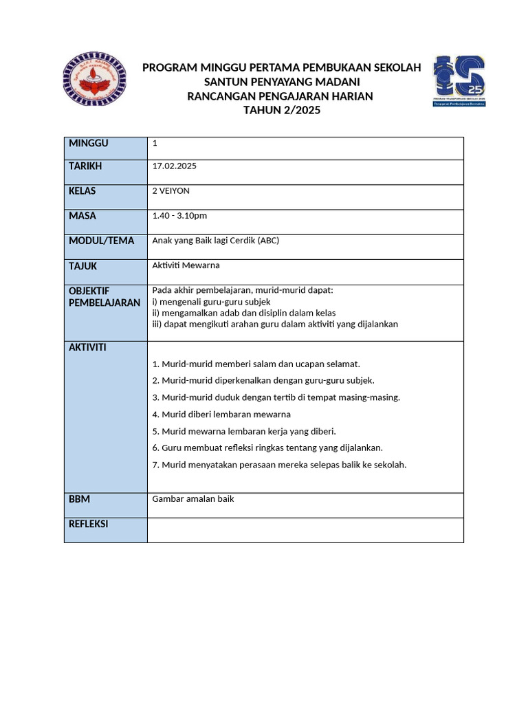 RPH Minggu Pertama Tahun 2 Isnin | PDF