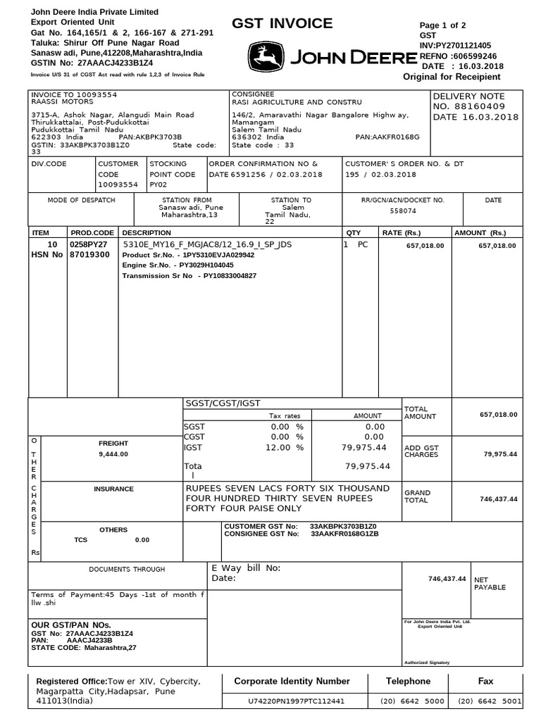 Tractor Invoice 2017-2018 | PDF | Legal Liability | Breach Of Contract