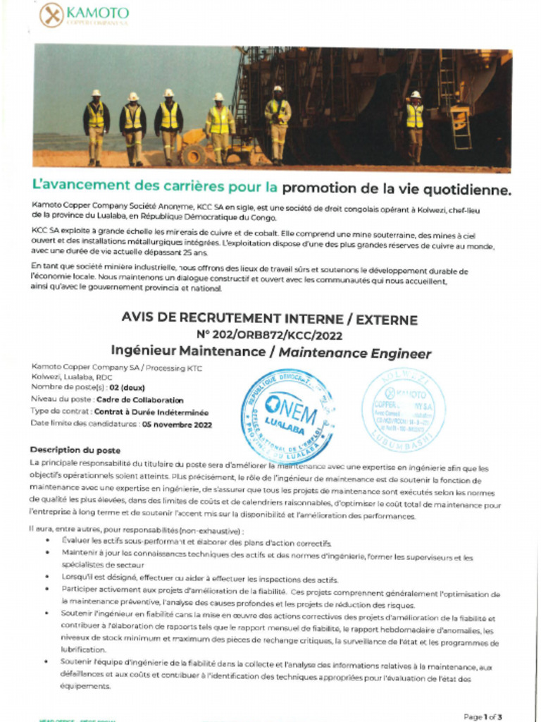 Avis de Recrutement INTERNE ET EXTERNE - Maintenance Engineer 202 | PDF
