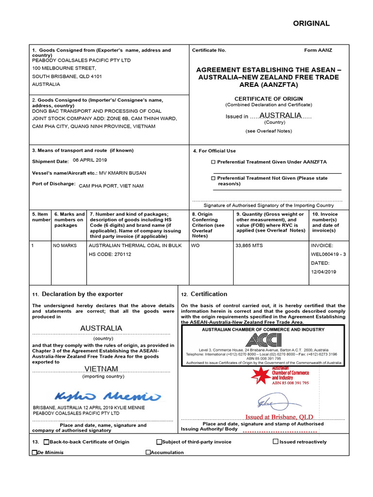 AANZFTA Certificate of Origin Template | PDF | International Trade | Trade