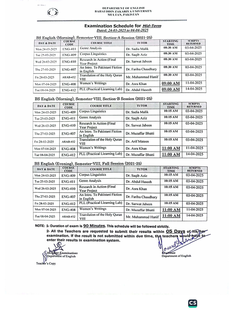 Date Sheet Mid Term Exam | PDF