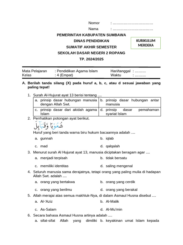 Soal Asas Ganjil PAI Kelas 4 | PDF