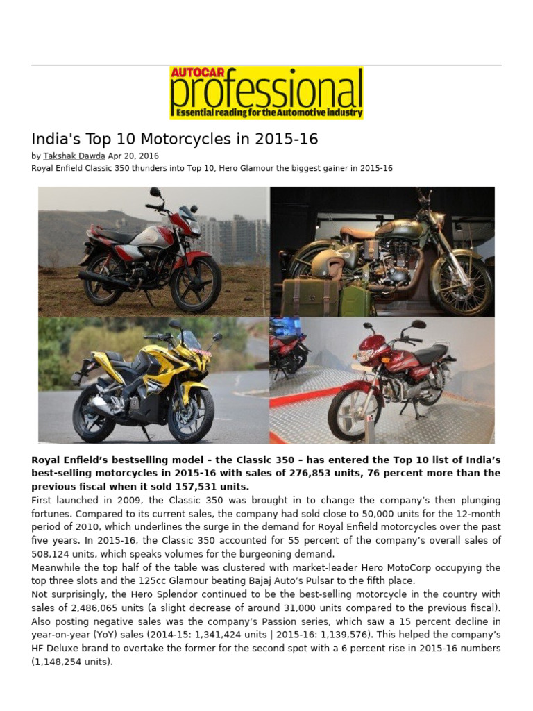 Top 10 Motorcycles Sales - 2015-16 | PDF | Vehicle Technology ...