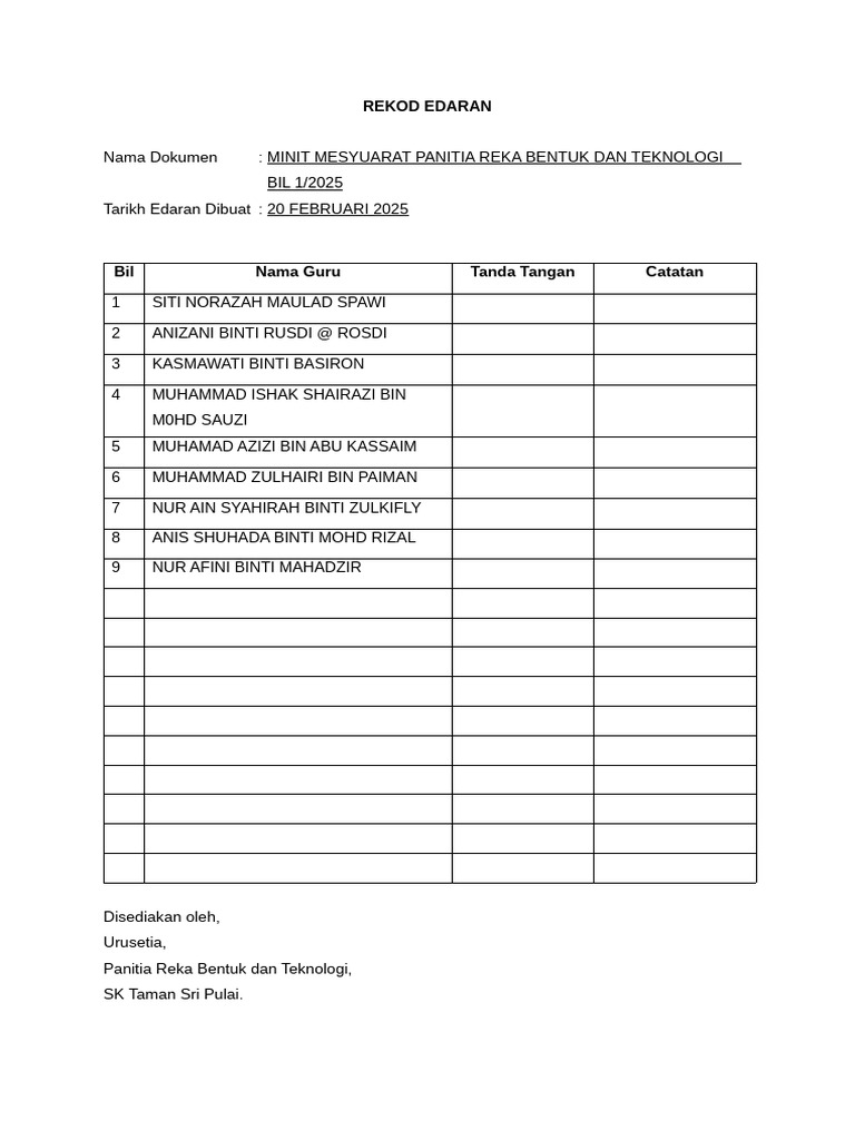 Rekod Edaran Minit Mesyuarat Bil 1 2025 | PDF