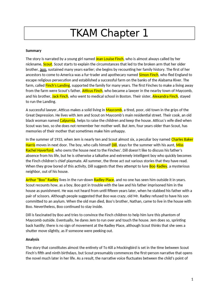 TKAM Chapter 1 Summary, Analysis and Quotes | PDF | To Kill A Mockingbird
