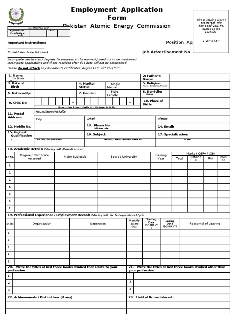 Paec Employment Application Form (Eaf 01 12) | PDF