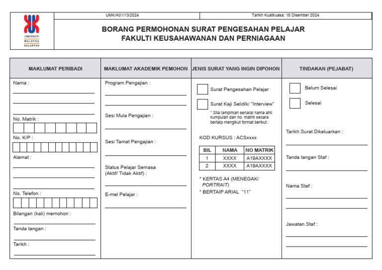 Borang Permohonan Surat Pengesahan Pelajar & Kaji Selidik - FKP - Prasiswazah | PDF