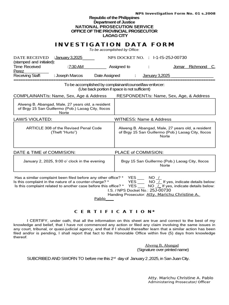 Subscribe NPS Invetigative Data Form | PDF | Prosecutor | Common Law