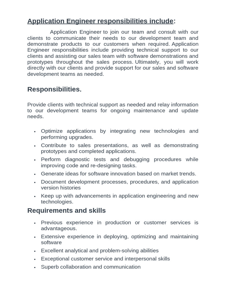Application Engineer Job Responsibilities | PDF