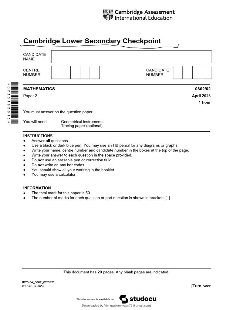 April 2023 Maths Checkpoint Paper 2 | PDF | Triangle | Geometric Shapes