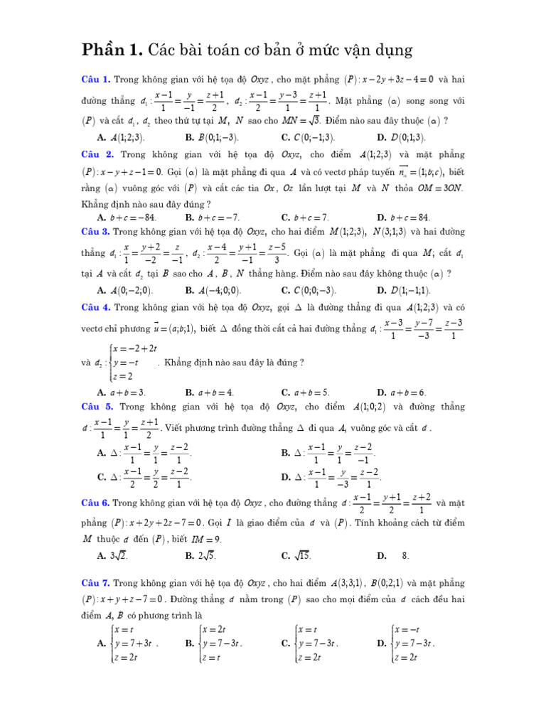 Bai Tap Trac Nghiem Hinh Hoc Oxyz Vandungcao | PDF
