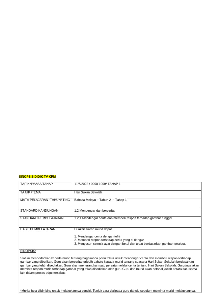 SINOPSIS BM TAHAP 2 - Hari Sukan Sekolah. | PDF