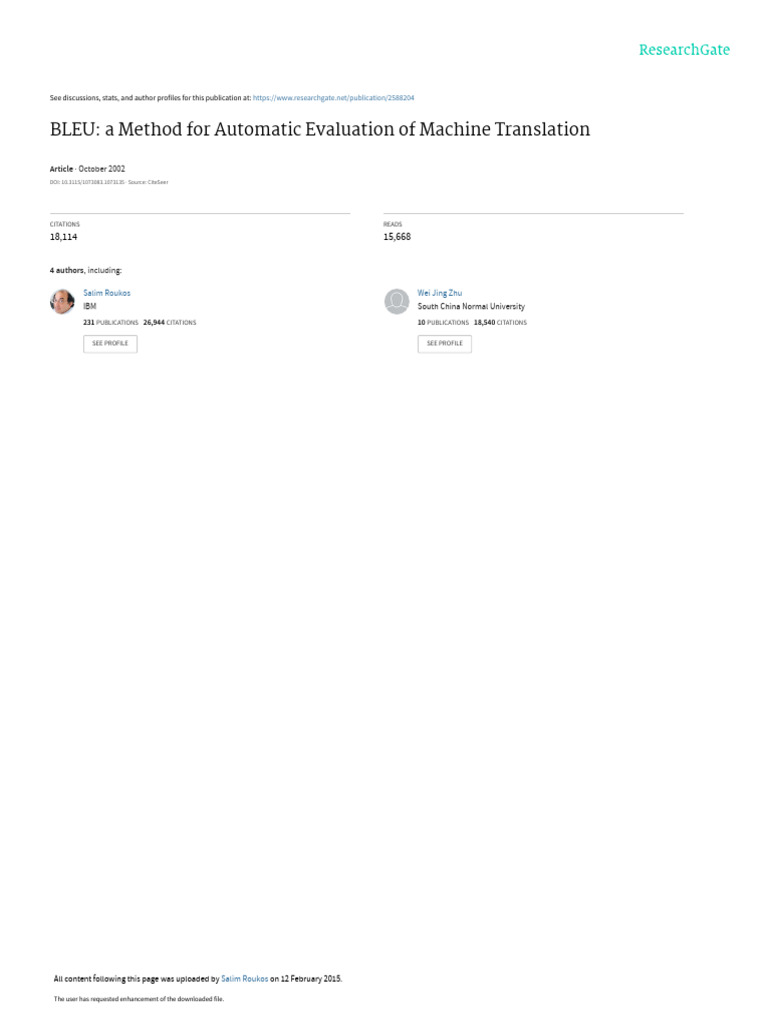 BLEU: A Method For Automatic Evaluation of Machine Translation | PDF | Linguistics | Applied ...