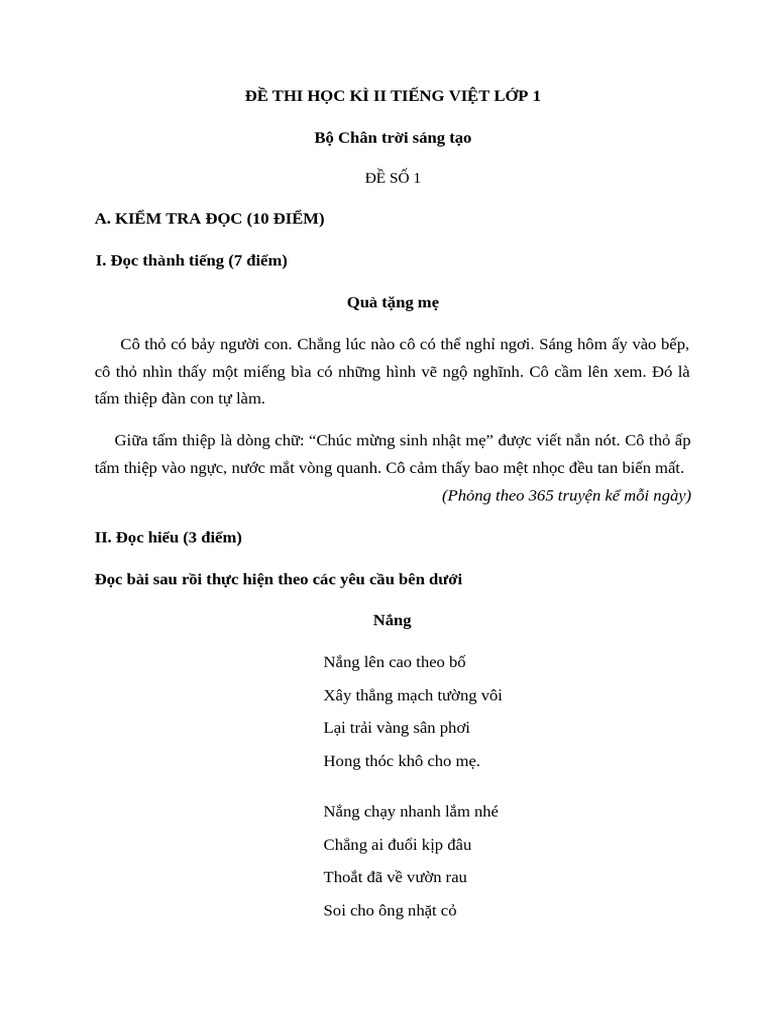 De Thi Hoc Ki 2 Lop 1 Mon Tieng Viet Sach Chan Troi de 1 | PDF